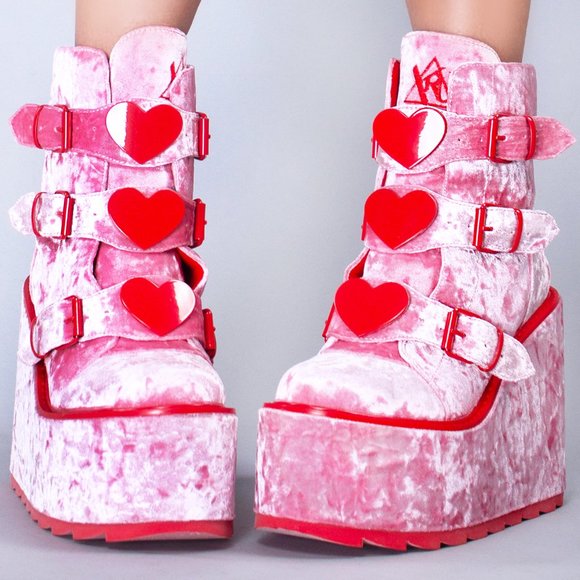 YRU | Shoes | Dune Lo Heart Velvet Platform Boots In Pink Red | Poshmark